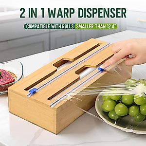 Openable Bamboo Ziplock Bag Storage Organizer & Foil and Plastic Wrap Organizer, Plastic Wrap Dispenser with Cutter and Ziplock Bag Organizer for Kitchen Drawer, 5 Baggie Organizer for Gallon,Quart,Sandwich,Snack