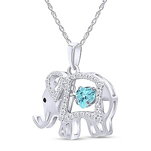 AFFY Simulated Aquamarine And White Cubic Zirconia Floater Elephant Pendant Necklace, 14K White Gold Over Sterling Silver, 5MM Heart Cut Center Aquamarine, 18'' Rope Chain