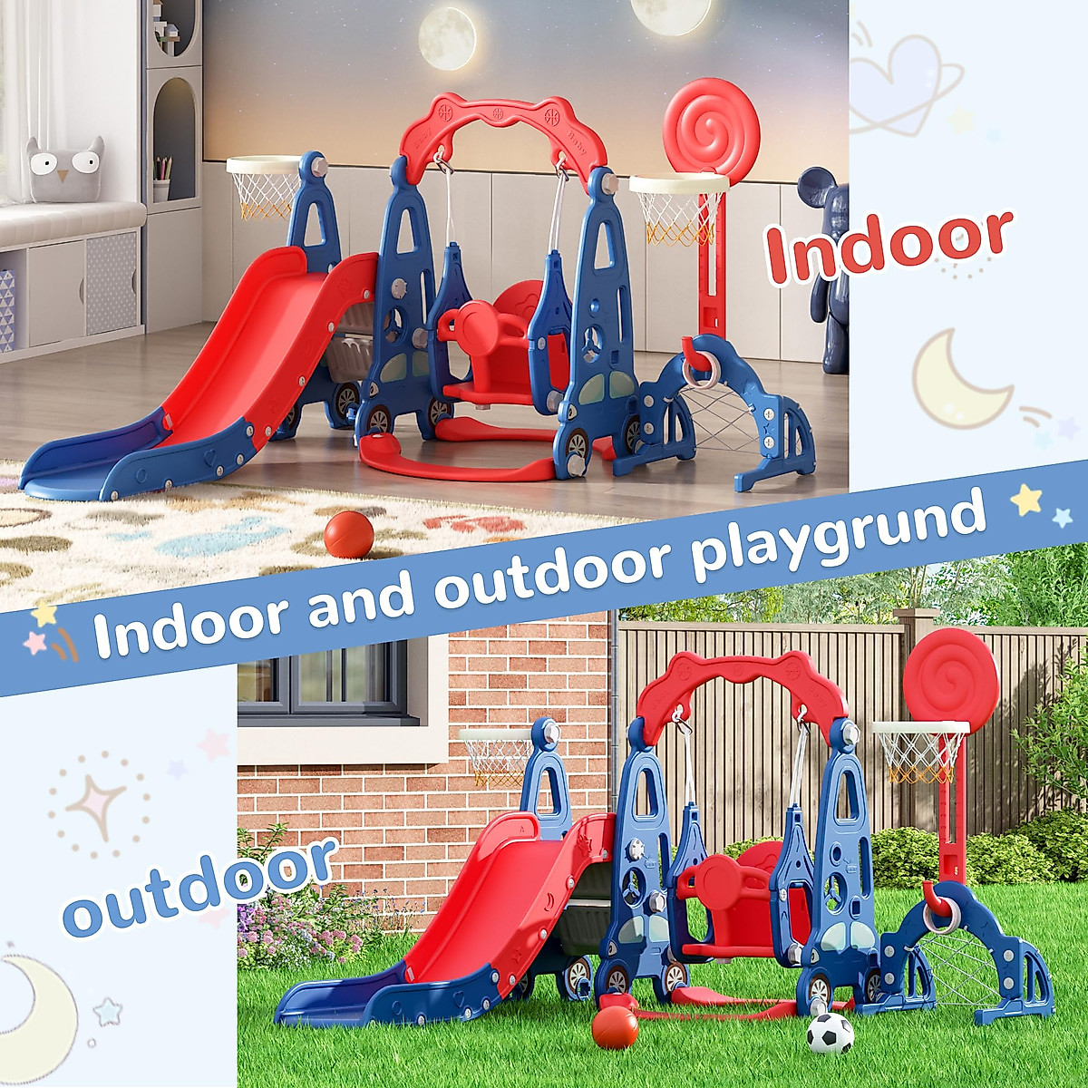 NYEEKOY 5 in 1 Toddler Slide and Swing Playset Indoor Outdoor Kids Slide for Toddler Age 1-8, Toddler Playground with Basketball Hoop and Long Slide, Backyards Silde Sets for Baby