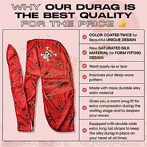 CROWN Art Silky Design Durag - Silky 360 Wave Du Rag with Long Tails and Quadruple Stitching - Smooth Silk Fabric for Comfort and Compression (Red OP)