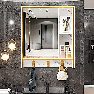 LVSOMT 24'' X 28'' Wall Mounted Bathroom Medicine Cabinet with Mirror, Aluminum Hanging Storage Organizer, Vanity Mirrored Cabinet with 4 Shelves, 3 Towel Hooks, 1 Makeup Bag (Marble White)