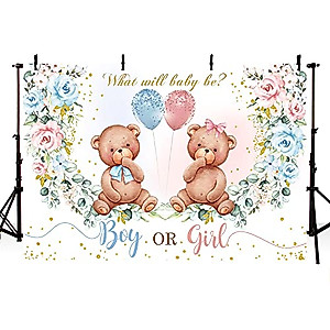 MEHOFOND 7x5ft Bear Gender Reveal Baby Shower Party Backdrop Boy or Girl Blush Pink Blue Floral Photography Background Party Decor Blue and Pink Balloons Gold Confetti Photobooth