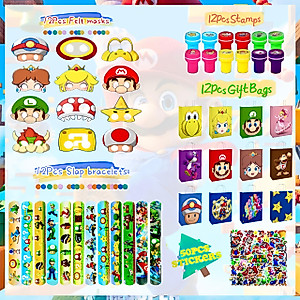 Mario Party Favors,98Pcs Mario Birthday Party Supplies include Goodie Bags,Felt Masks,Stamps,Slap Bracelets,Stickers,Classroom Rewards,Carnival Prizes,Party Activities,Themed Goodie Bags Stuffers