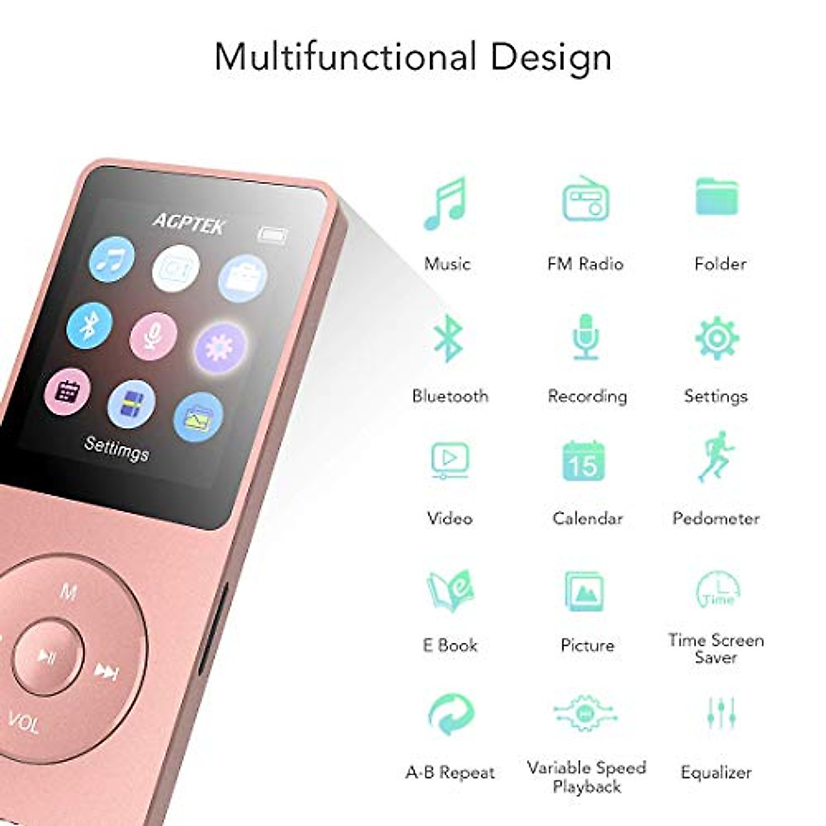 AGPTEK A02 MP3 Player with Bluetooth 5.3, 1.8 inch Screen Portable Music Player with Speaker, FM Radio, Voice Recorder, Supports Expanded Up to 128GB(Rose Gold, 8GB)