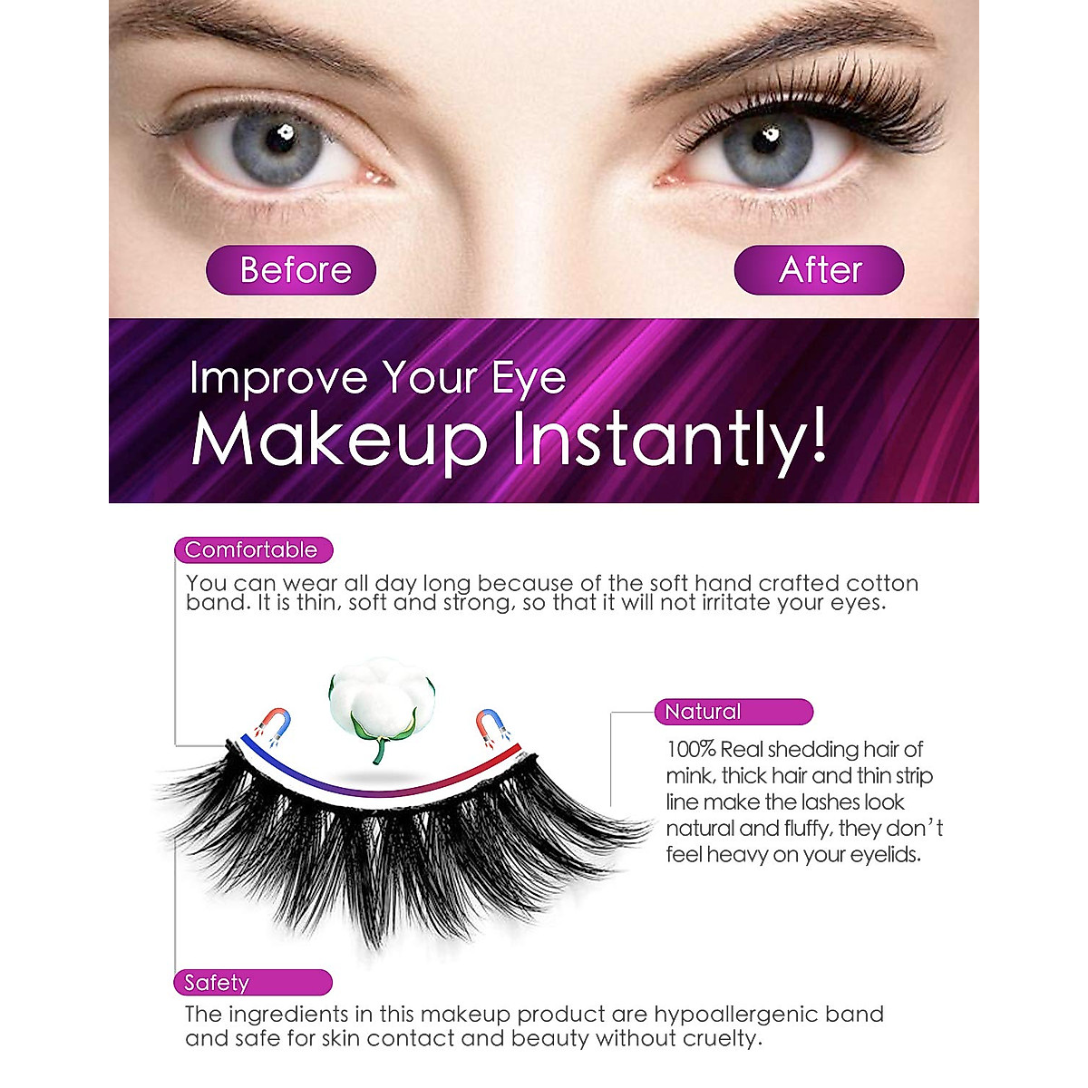 Bisutang Magnetic Eyelashes with Eyeliner, 12-Pair Reusable Magnetic Lashes with 2 Tubes of Magnetic Eyeliner, Glue-free Natural Look Eye Lashes Kit with Scissors Tweezers & Mirror Case