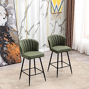 CIMOO Green Leather Bar Stools Set of 2 Mid Century Modern Counter Stools 26 Inch Counter Height Stool Chairs Upholstered Kitchen Island Chairs with Back, PU Faux Letaher
