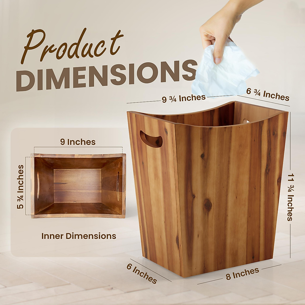 Tidita 2 Gallons Wastebaskets- Wooden Waste Basket with Handles -Small Trash Can for Bedroom, Spa Bathroom Decor, Kitchen, Living Room, Office - Trash Bin for Under Sink, Garbage Can (Acacia Wood)