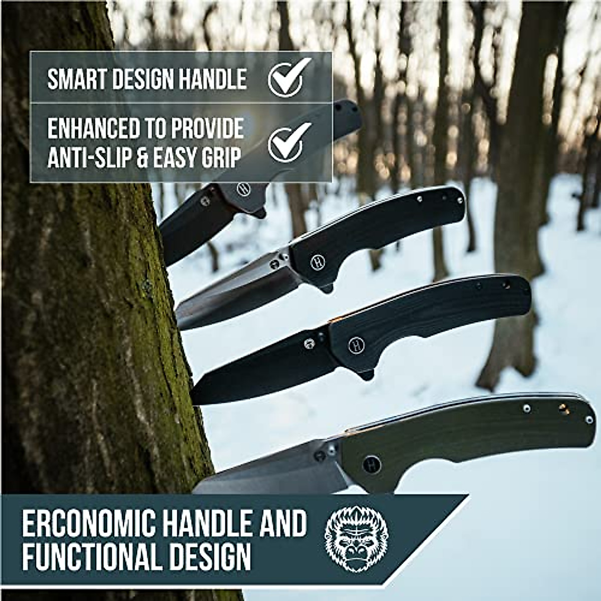 Holtzman's Gorilla Survival Folding Knife D2 Steel Blade G10 Tactical Handle Pocket Folding Knife EDC Giftset for Men (Grey and Red)