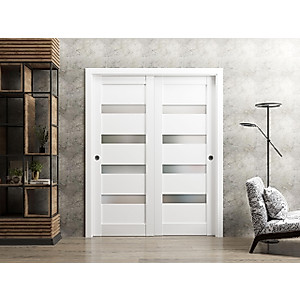 Sliding Closet Bypass Doors 60 x 80 with Hardware | Quadro 4113 White Silk with Frosted Opaque Glass | Sturdy Top Mount Rails Moldings Trims Set | Kitchen Lite Wooden Solid Bedroom Wardrobe Doors