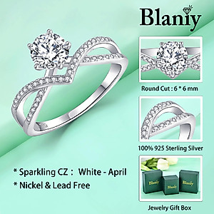 Blaniy Engagement Rings 925 Sterling Silver 6mm Round Cut Promise Ring Wedding Eternity Anniversary Ring Simulated Diamond April Birthstone Jewelry for Women Size 5