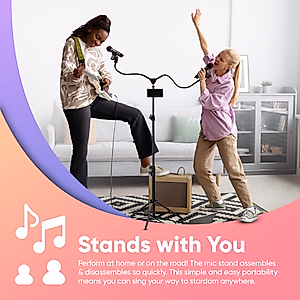 MASINGO Double Microphone Stand – Adjustable from 2.4ft to 6ft Inches High – with Two Bendable Arms and Smart Device Holder – Stand Up Tripod Base (Black) 2022 Model