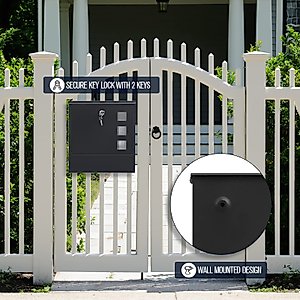 KYODOLED Locking Mailbox Wall Mount, Locked Mail Boxes, Mailbox with Key Lock for Outside, Large Capacity Drop Box for Newspapers, 13 x 3.4 x 11.8 Inch, Black