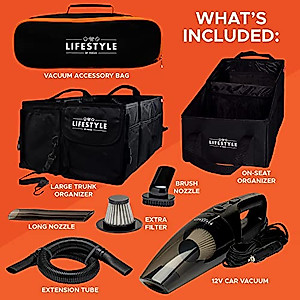 Lifestyle by Focus Car Storage and Vacuum Set - Includes Large Trunk Organizer, On-Seat Organizer, and 12V Portable Car Vacuum