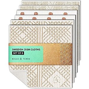 Swedish Dish Cloths, Each Reusable Cellulose Dishcloth Replaces 15 Rolls of Paper Towels and is More Absorbent than a Sponge For Washing Dishes, Kitchen, Set of Six