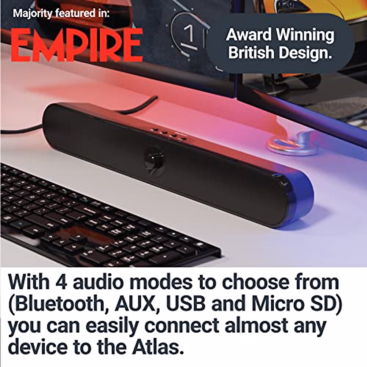 Majority Atlas Portable Bluetooth PC Soundbar | 20 Watts Powerful Stereo Sound | Portable Speaker with 8 Hours Playback | One Touch Control, USB, SD Card & AUX Playback Sound Bar for TV