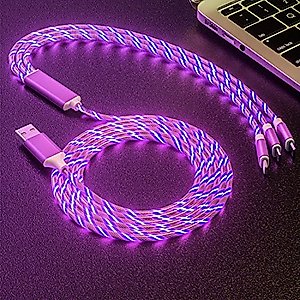 Opligevo 3 in 1 Charging Cable Light Up Fast Charger Multi Charging Cable LED Flowing Light Up Charger Cable Durable TPE Charging Cord for iPhone,Type C and Micro USB Purple 3.9ft