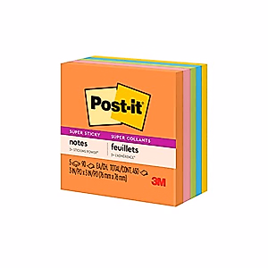 Post-it Super Sticky Notes, 3x3 in, 5 Pads, 2x the Sticking Power, Energy Boost Collection, Bright Colors, Recyclable (654-5SSUC)