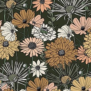 Akywall Vintage Green Floral Wallpaper Peel and Stick Textured Boho Flower Contact Paper Retro Self Adhesive Removable Vinyl Roll Daisy Leaf Mural Forest Green/Brown/White 17.3 x 78.7in