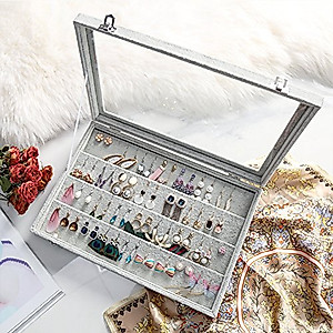 Wudygirl Velvet Clear Lid Earring Box Organizer Storage 32 Pairs Earrings Stud Tray Showcase Display Case（Earring Storage）