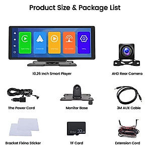 10.3 Inch Wireless Car Stereo Apple CarPlay with 1080P Backup Camera, Portable Wireless Android Auto Screen for Cars, Bluetooth Car Audio Receiver with AUX 64G TF Card