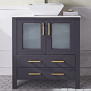Wenore Home 30 Inch Bathroom Vanity with Sink, Dark Gray Bathroom Vanity and Basin Top,Bath Sink Cabinet Set with Ceramic Sink Tempered Glass Countertop, Storage Cabinet 2 Doors 2 Drawers