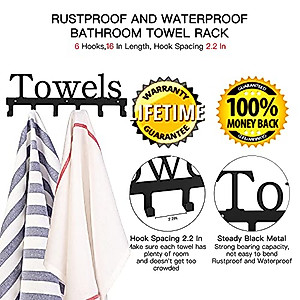 Goutoports Bathroom Towel Rack Wall Mount Towel Holder Metal 6 Hooks Rustproof and Waterproof -Black (Towel Rack Song Typeface)