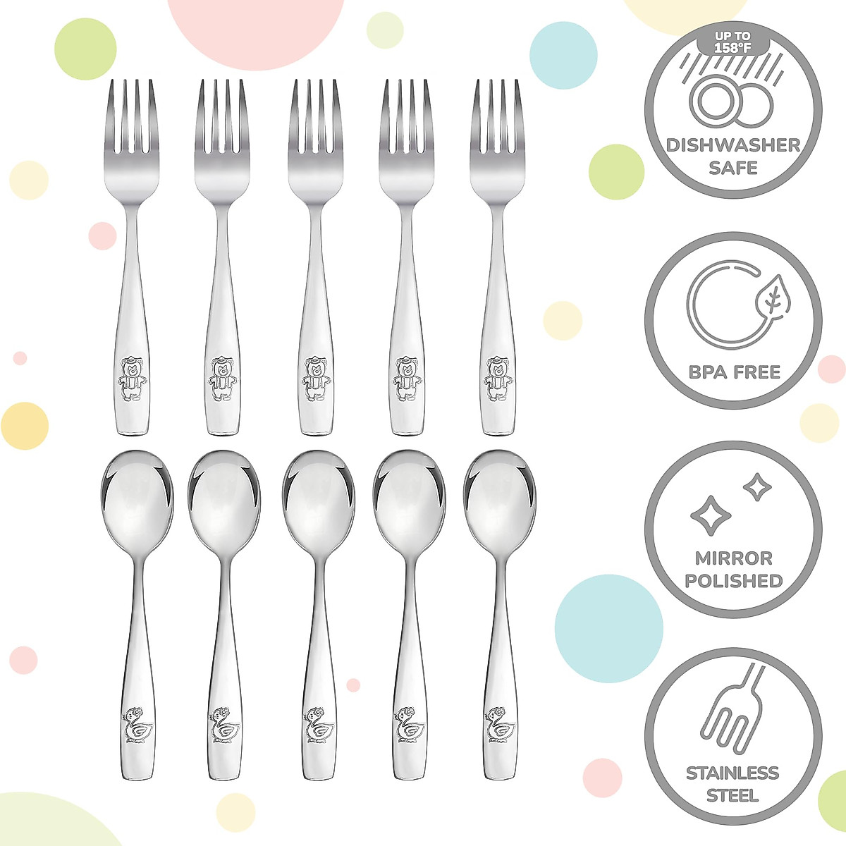 PLASKIDY Kids Silverware Stainless Steel Set of 10 Toddler Utensils Forks and Spoons - Dishwasher Safe Kids Flatware Set Children's Safe Cutlery Set