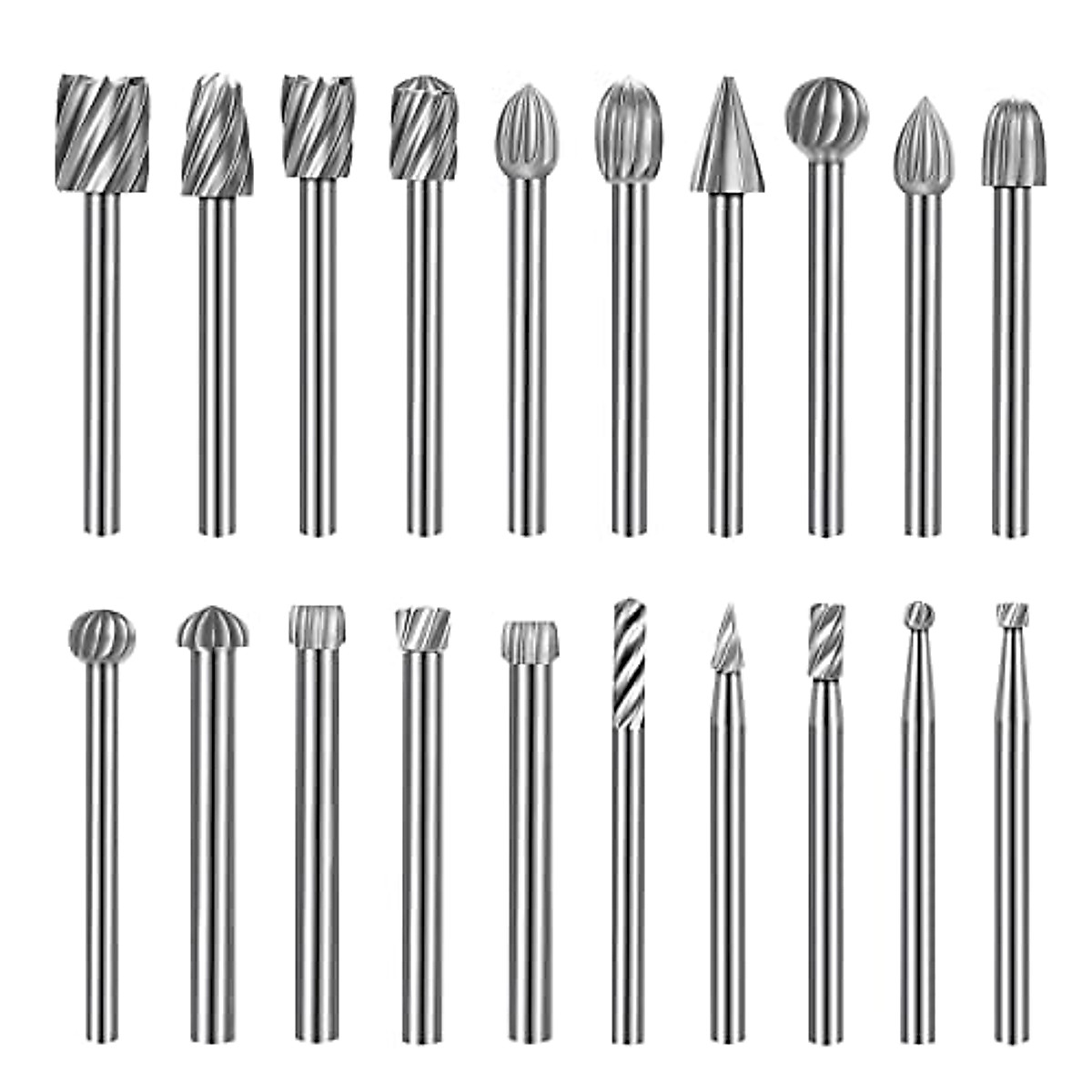 20PCS HSS Rotary Burr Set, Carving Bits and Engraving Router Bit Set for Rotary Tool Accessories with 1/8"(3mm) Shank for Woodworking, Engraving, Drilling,Grooving