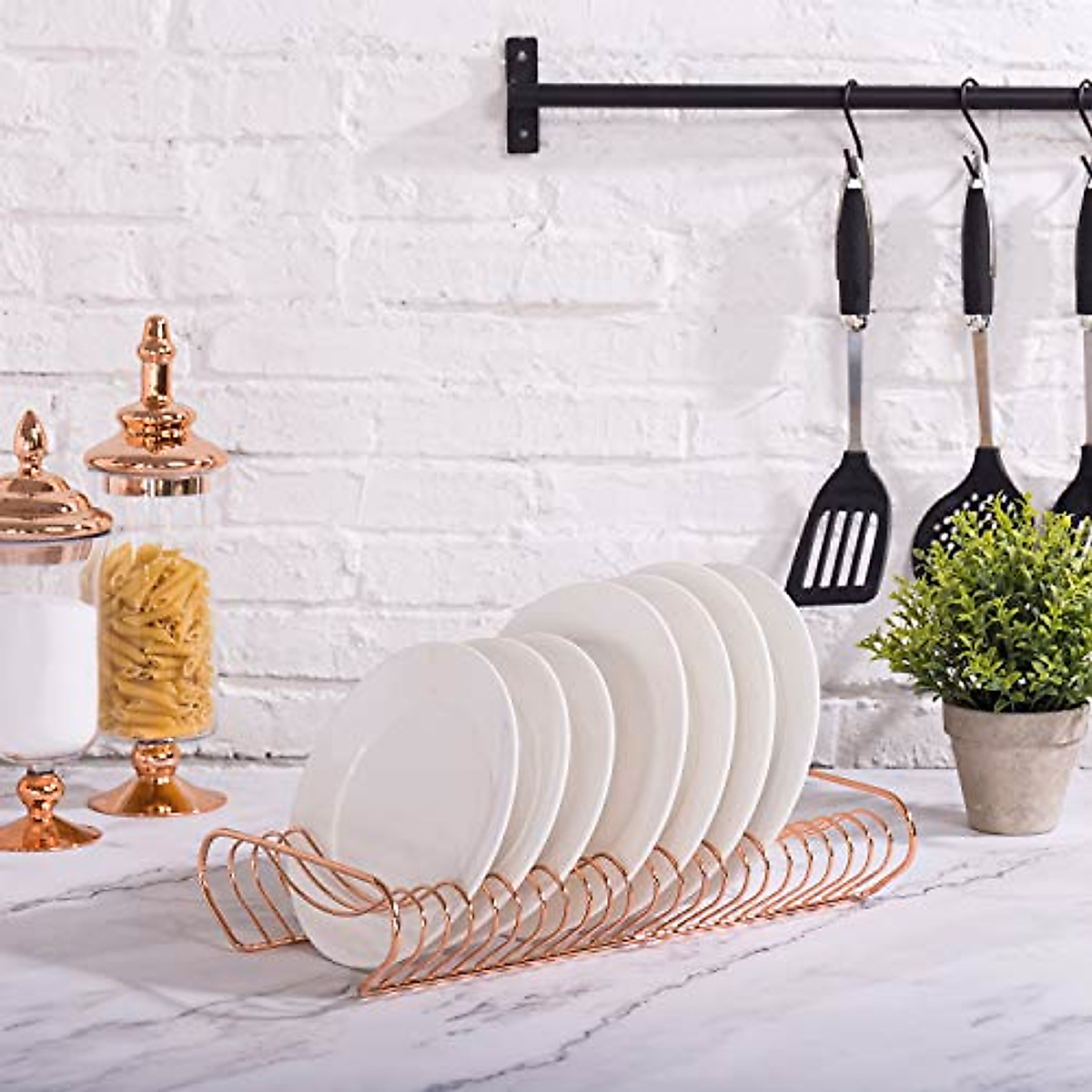 MyGift Rose Gold-Tone Metal Dinner Plate Storage Rack Organizer and Drying Rack, Holds up to 21 Dinner, Salad, and Dessert Round Plates - Made in Taiwan