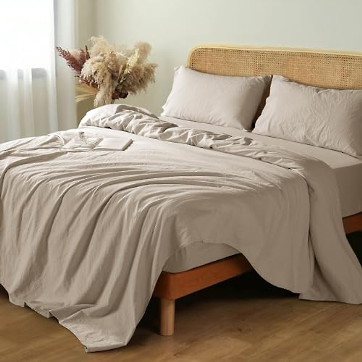 Shilucheng Linen Sheets Queen Size Set, 100% Linen Bed Sheets Breathable & Cooling Pure French Linen Sheets,Soft Durable and Tear Resistant -16 Inch Deep Pocket - 4 Pcs(Linen, Queen)