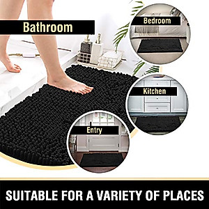 H.VERSAILTEX (Set of 2) Super Thick Soft Shaggy Chenille Bath Mats Machine Washable Bath Rugs Set for Bathroom, Dry Fast Water Absorbent Bath Mats, Black (Pack 2-20" x 32"/17" x 24")