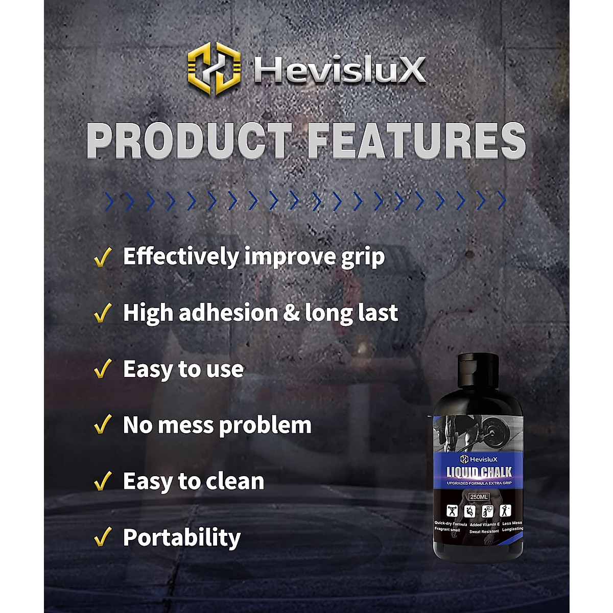 Hevislux Liquid Chalk. Improve Hand Grip for Gymnastic, Rock Climbing, Weightlifting. Quick-Drying Formula. Easy use, no Mess, Added Vitamin E. (250ml)