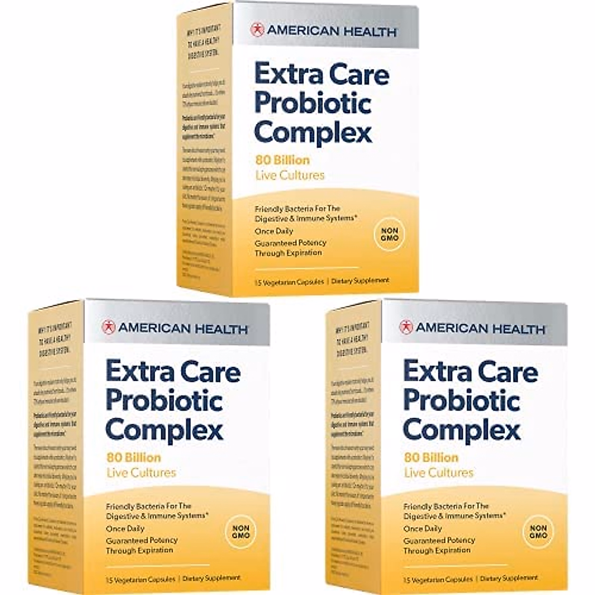 American Health Extra Care Probiotic Complex, 80 Billion MIcroorganisms - Beneficial Bacteria for The Digestive & Immune Systems* - Non-GMO, Vegetarian - 15 Capsules, 15 Total Servings (Pack of 3)