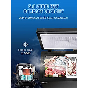 Chest Freezer Freestanding Deep Freezer 5.0 Cu Ft with Storage Basket and Adjustable Feet Top Open Door Small Compact Freezer Adjustable Thermostats for Garage Dorm Kitchen Office Business, Black