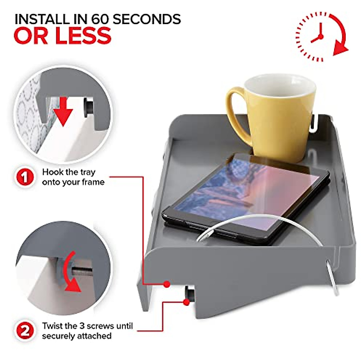 Modern Innovations Bedside Shelf for Bed, College Dorm Room, Bunk Bed Shelf for Top Bunk, Clip On Nightstand Tray with Cord and Cup Holder, Bunkbed Caddy for Table Storage (Dark Gray)