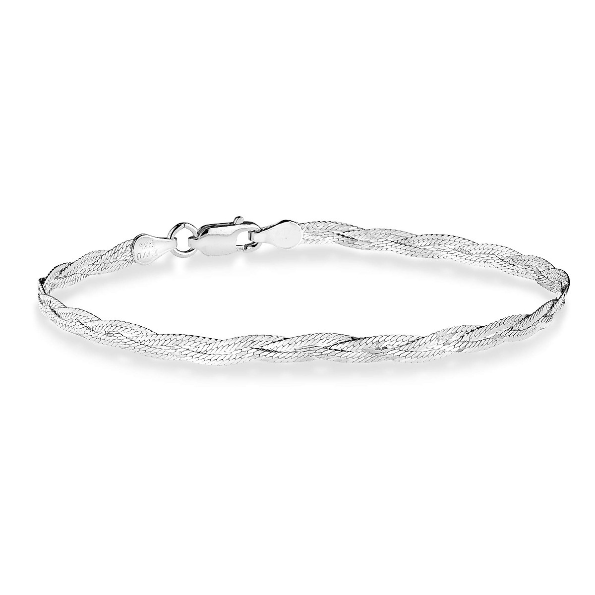 Miabella 925 Sterling Silver Italian 3-Strand Diamond-Cut 4mm Braided Herringbone Link Chain Bracelet for Women Teen Girls, Made in Italy (Length 7 Inches (Small))