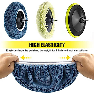 POLIWELL Wool Buffing Pads 7 Inch Set 100% Wool Buffing Pad Hook and Loop 3Pack, 5/8-11T Shark Backing Pad Kit, Cleaning Spur Tool + 7” Waxing Bonnet Pads 3pcs for Compound Cutting & Polishing, 9Pack