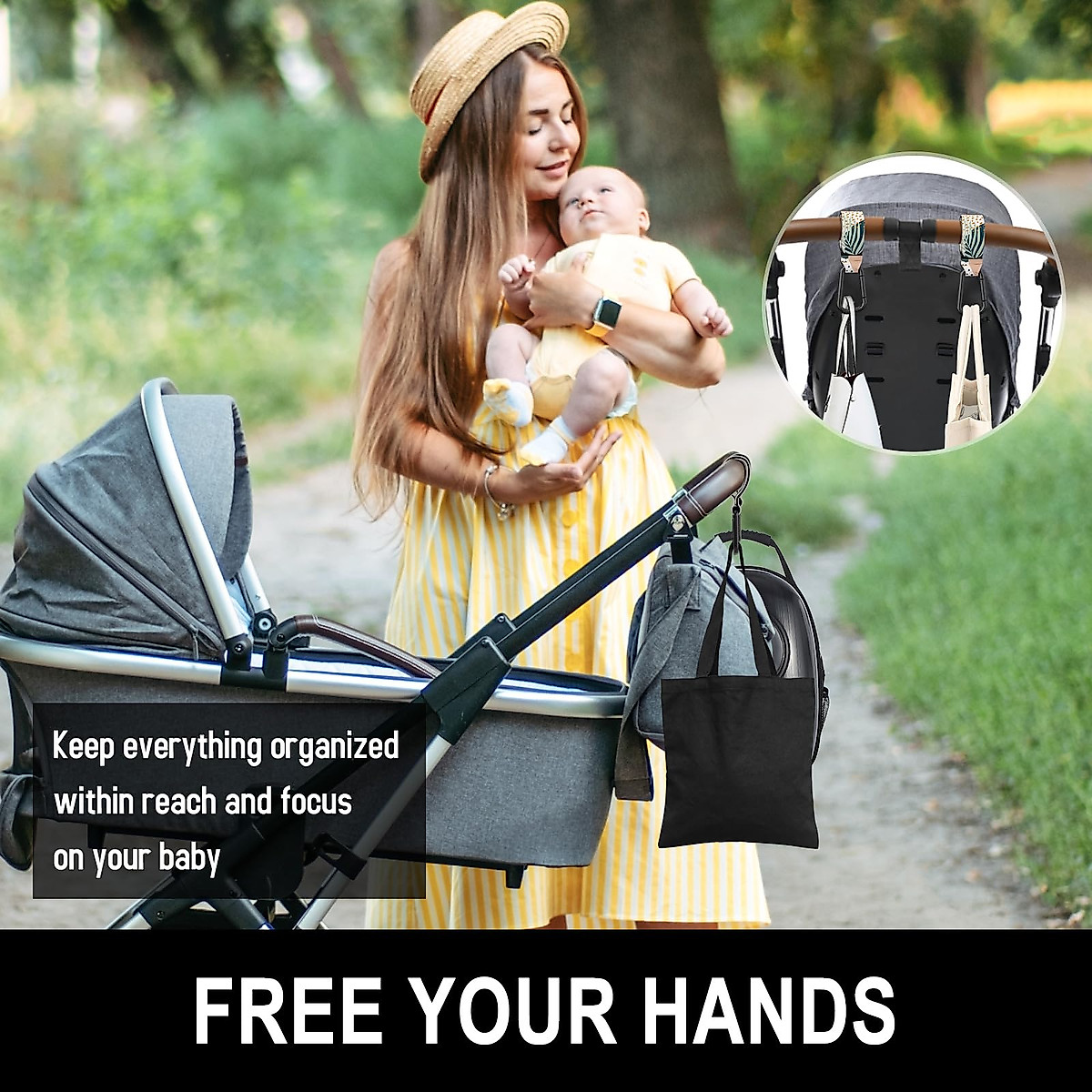 Gukeniu Baby Stroller Hooks for Hanging Bags, Universal Stroller Clips Accessories, Mommy Hook for Diaper Bag, Shopping Cart, Purse, Backpack - 2 Pack, Abstract Leaf