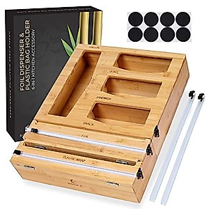 Room-E Bamboo Foil & Plastic Wrap Organizer with Cutter | Ziplock Bag Storage for Drawer Magnetic Break-Apart Design Dispenser Holder, Light Brown