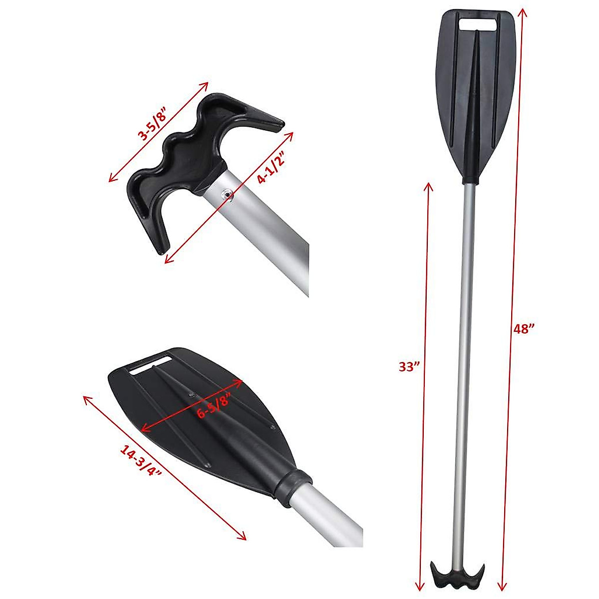 Pactrade Marine Boat Kayak Raft Paddle & Hook 4 ft Anodized Aluminum Shaft Black Plastic Blade