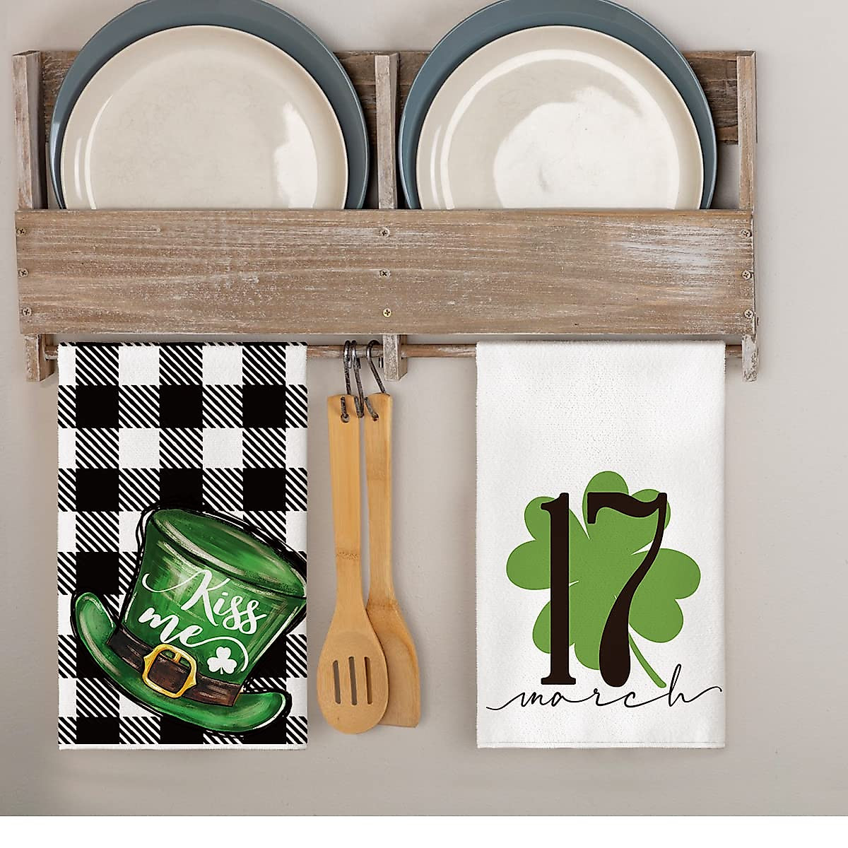 Artoid Mode Buffalo Plaid Clover Shamrock Lucky Charm St. Patrick's Day Kitchen Towels Dish Towels, 18x26 Inch Seasonal Kiss Me Hat Decoration Hand Towels Set of 4
