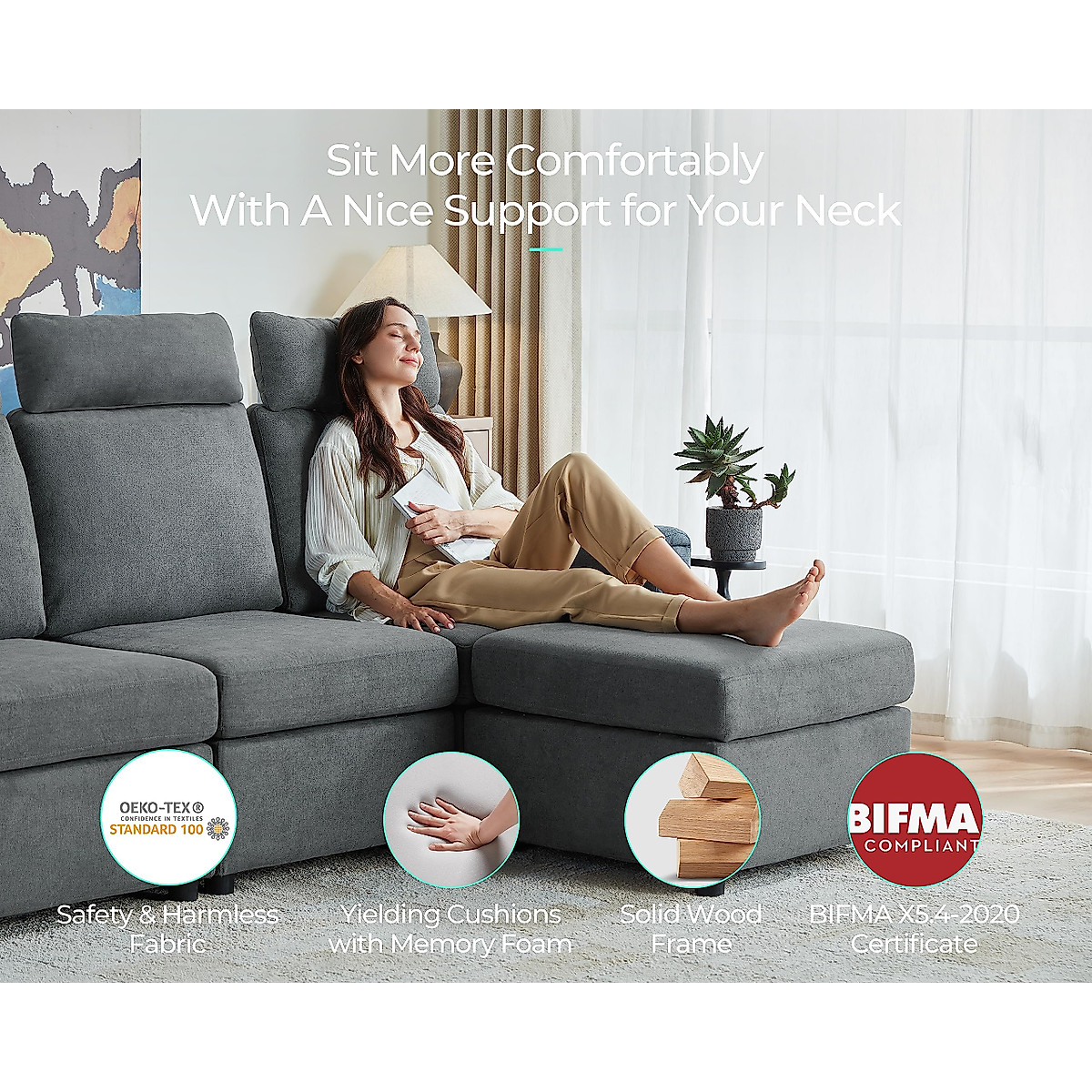 LINSY HOME Modular Sectional Sofa, Upgraded High Back Sectional Couch with 4 Headrests, U Shaped Sofa Bed with Storage, Sofa Covers Removable, 7 Seat Couch with Ottoman for Living Room, Dark Grey