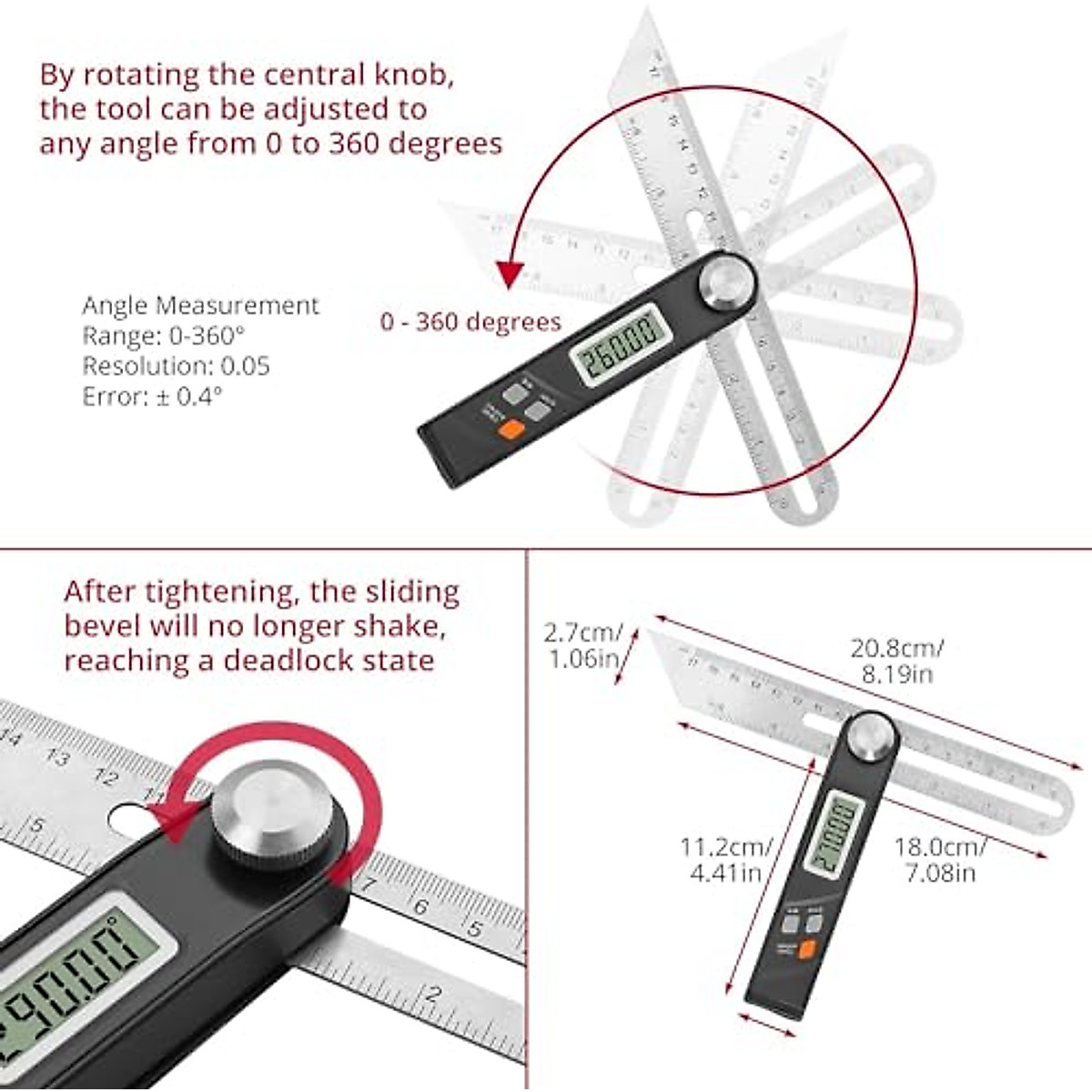 XUNTOP Sliding T Bevel Gauge with Stainless Steel Blade 360°Digital Protractor Portable Angle Finder with LCD Display for Woodworking, DIY