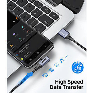 SUNGUY 2-Pack 1FT Right Angle USB A to USB C Charger Cable, Braided 3A Fast Charging & Data Sync 90 Degree USB 2.0 Type C Cable Compatible with Galaxy S20 S10 S9 Plus and More