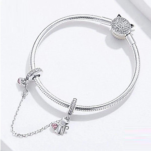 Animal Safety Chain 925 Sterling Silver Rubber Spacer Stopper Beads fit Pandora Style Bracelet (Cat & Heart Safety Chain)