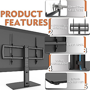 Universal Tabletop TV Stand with Wall Mount for 32 to 70 inch 4 Level Height Adjustable, Heavy Duty Tempered Glass Base, Holds up to 110lbs Screens, HT03B-002