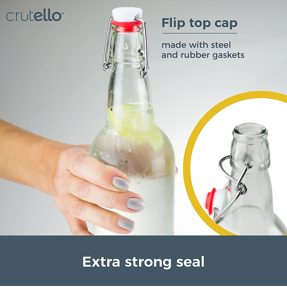 Crutello 16 Ounce Clear Glass Flip Top Beer Bottles for Brewing - Beer, Kombucha, Soda, Juice - 12 Pack Glass Bottle for Fermentation, Storage, Drinking - A Family-Owned American Brand