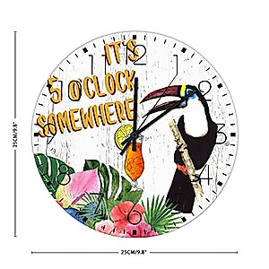 Autravelco Wooden Wall Clock Round Silent Non-Ticking It's Five O'clock Somewhere Beautiful Wall Clocks Tiki Bar Pool Hot Tub Luau Wooden Wall Decor for Nursery Patio Cabin 10 Inch