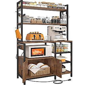 EnHomee Bakers Rack with Storage Cabinet Coffee Bar Cabinet Bakers Rack with Power Outlet Microwave Stand with Storage for Kitchen, Space Saving, Easy Assembly