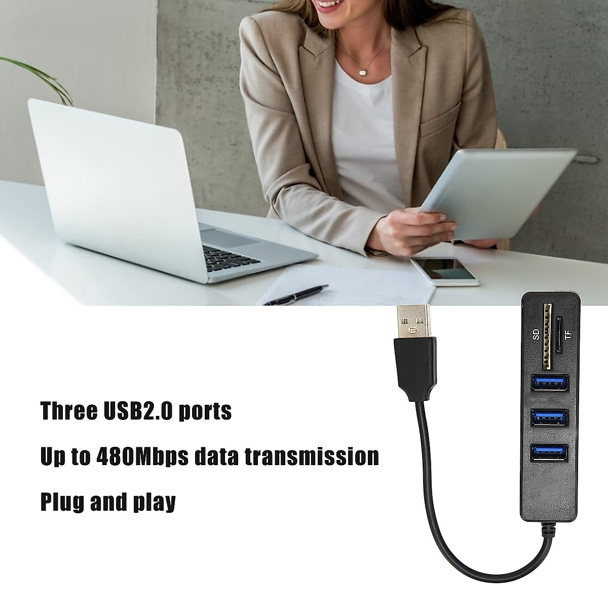 3 Port USB2.0 Hub, USB Data Hub Splitter with TF/SD Card Reader, USB2.0 Multiport Hub for Win 10/8/8.1/7/Vista/XP, OS X, Linux, for Chrome OS, Plug and Play(Black)